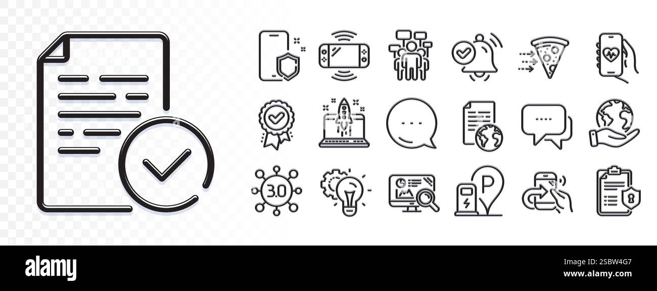 Approved award, Internet document and Food delivery line icons for web app. Pictogram icon ...