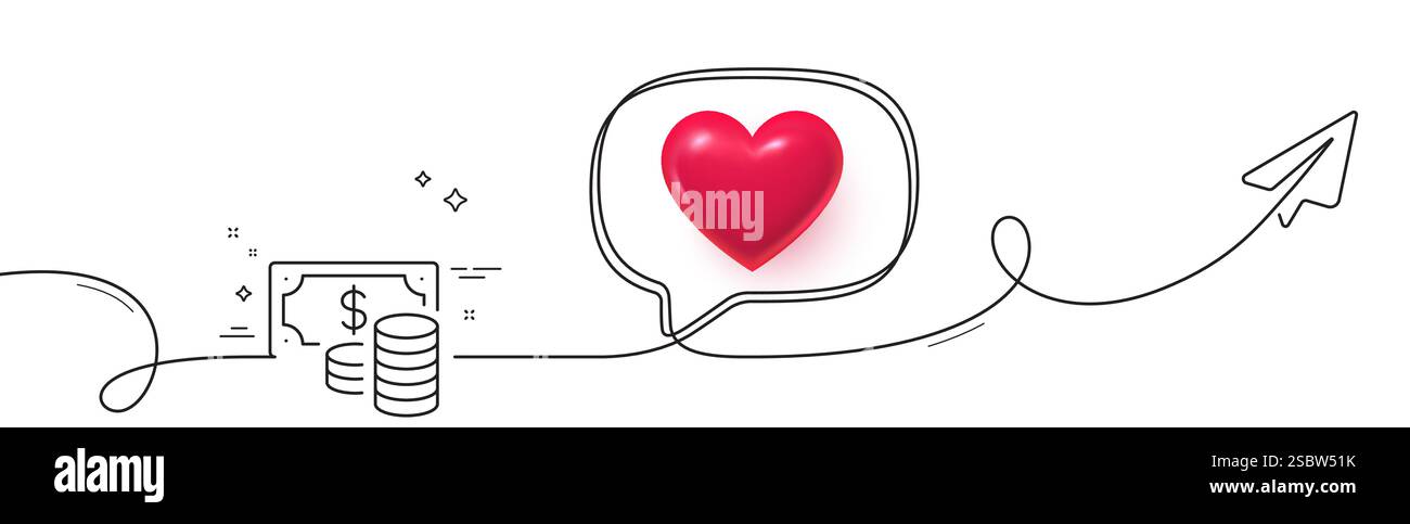 Coins banknote line icon. Cash money sign. Continuous line with plane ...