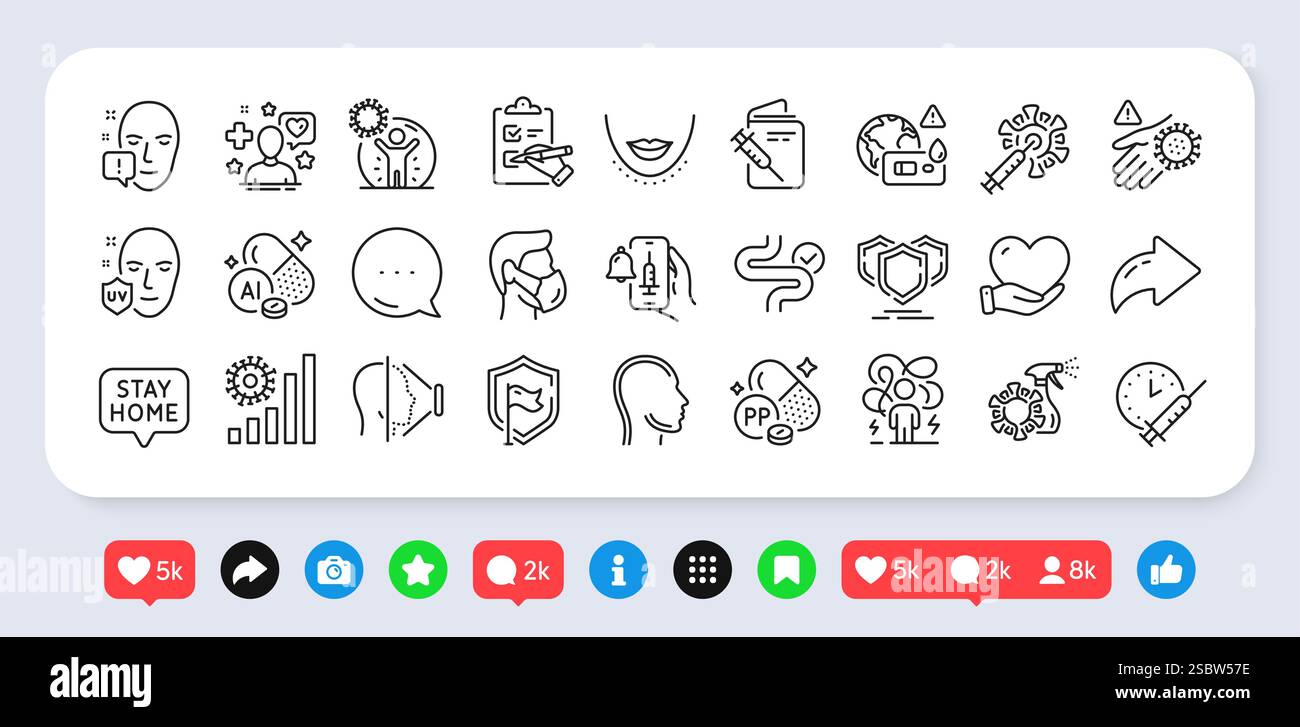 Stay home, Difficult stress and Medical mask line icons pack. For web ...