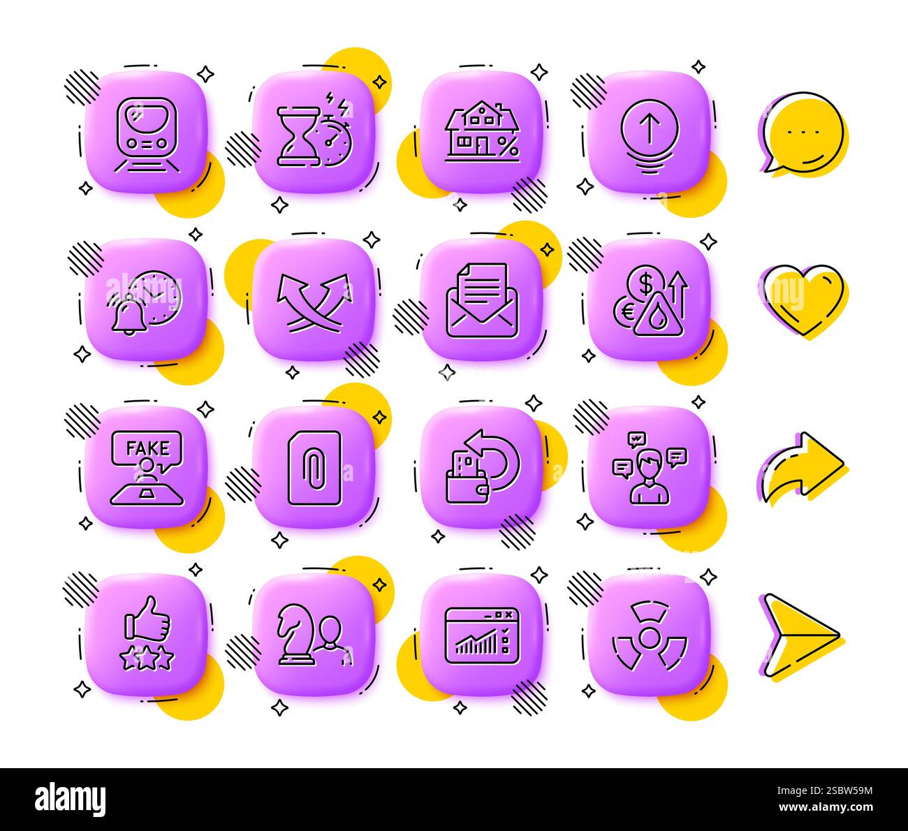 Mortgage, Conversation messages and Alarm clock line icons. For web app, printing. App 3d ...