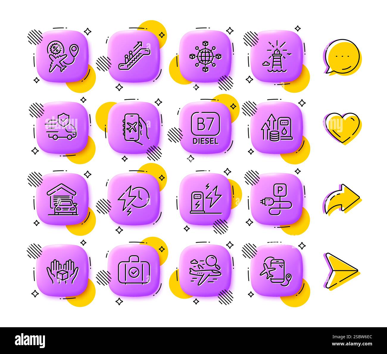 Diesel, Search flight and Escalator line icons. For web app, printing ...