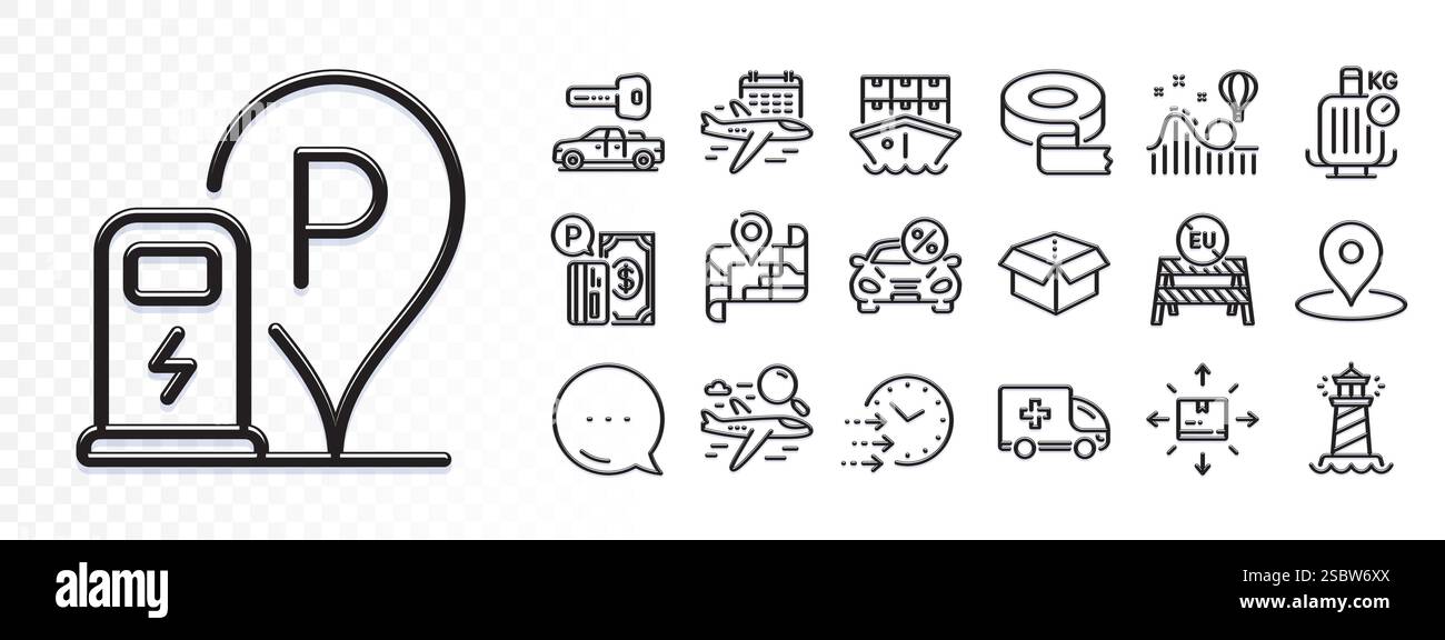Charging station, Select flight and Parking payment line icons for web ...
