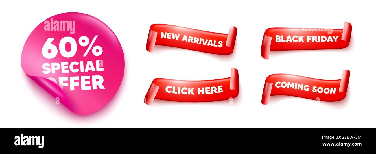 60 percent discount offer. Sale price promo sign. Sticker, Ribbons ...