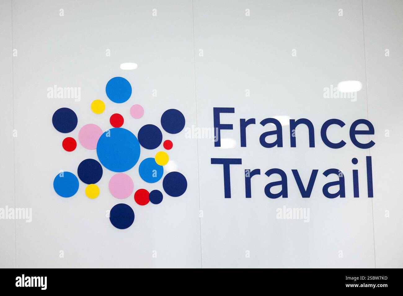 This photograph shows a logo of France Travail at the French national ...