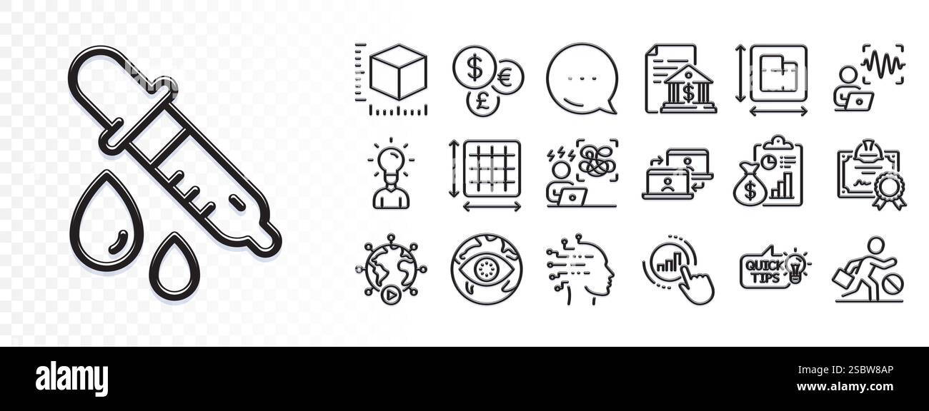 Floor plan, Package size and Chemistry pipette line icons for web app. Pictogram icon. Glare of ...