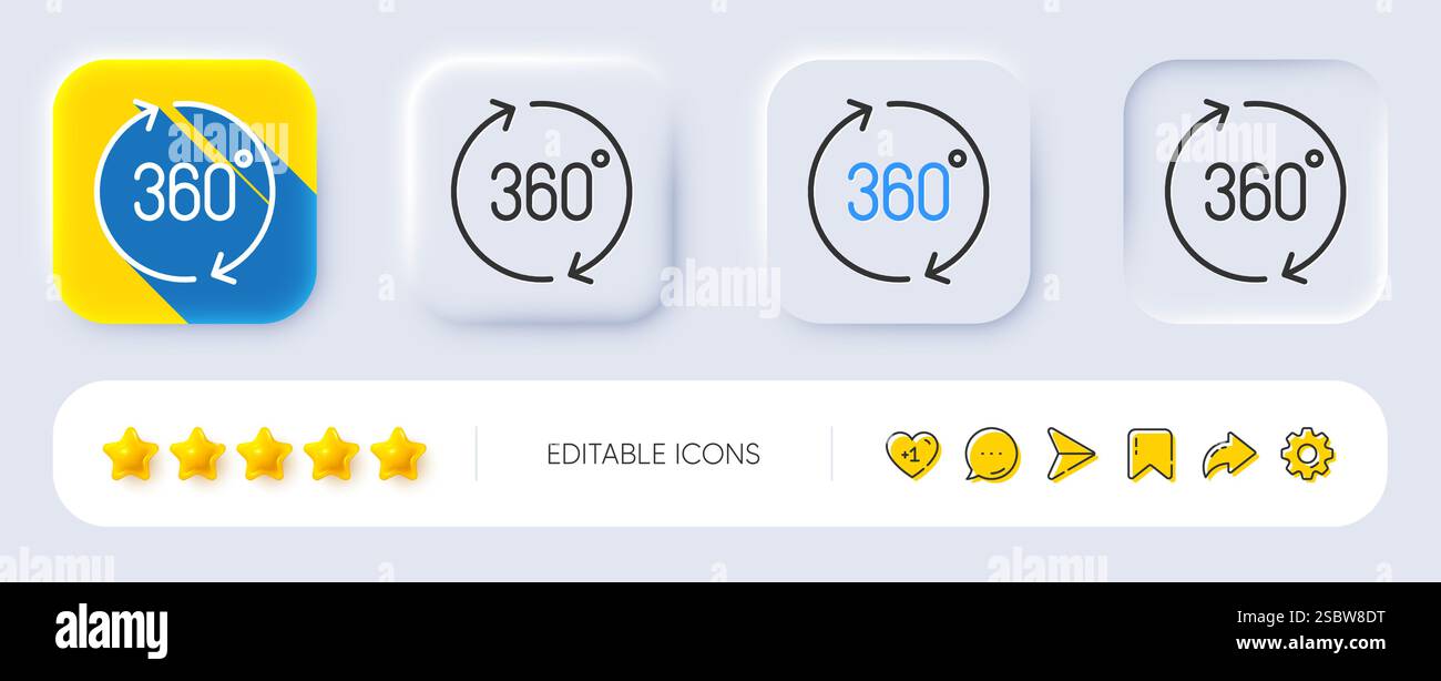 360 degrees line icon. VR simulation sign. Panoramic view. Neumorphic buttons. Vector Stock ...