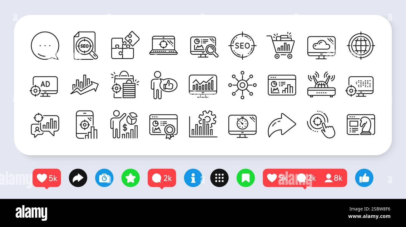 Seo line icons. Set of Increase sales, Business strategy and Website optimization. Social media ...