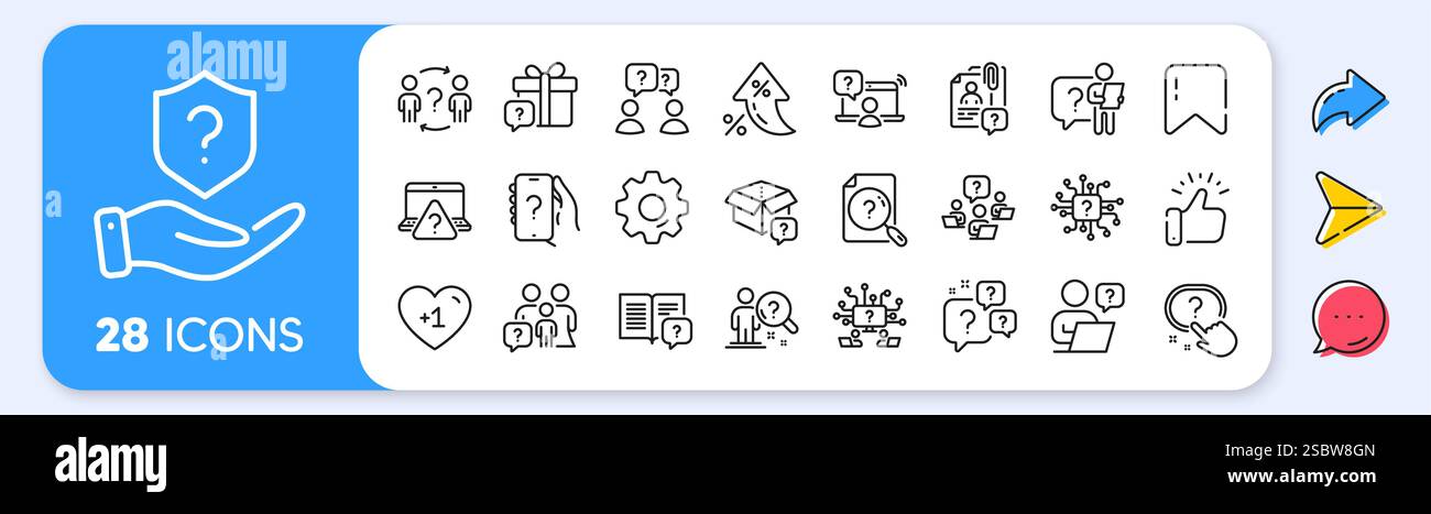 Questions line icons. Artificial Intelligence computer, phone with Question mark, Problem solve ...