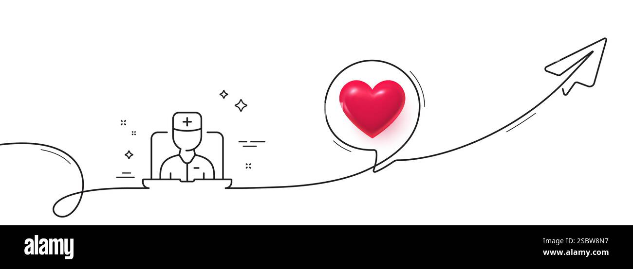 Telemedicine line icon. Online doctor sign. Continuous line with plane ...