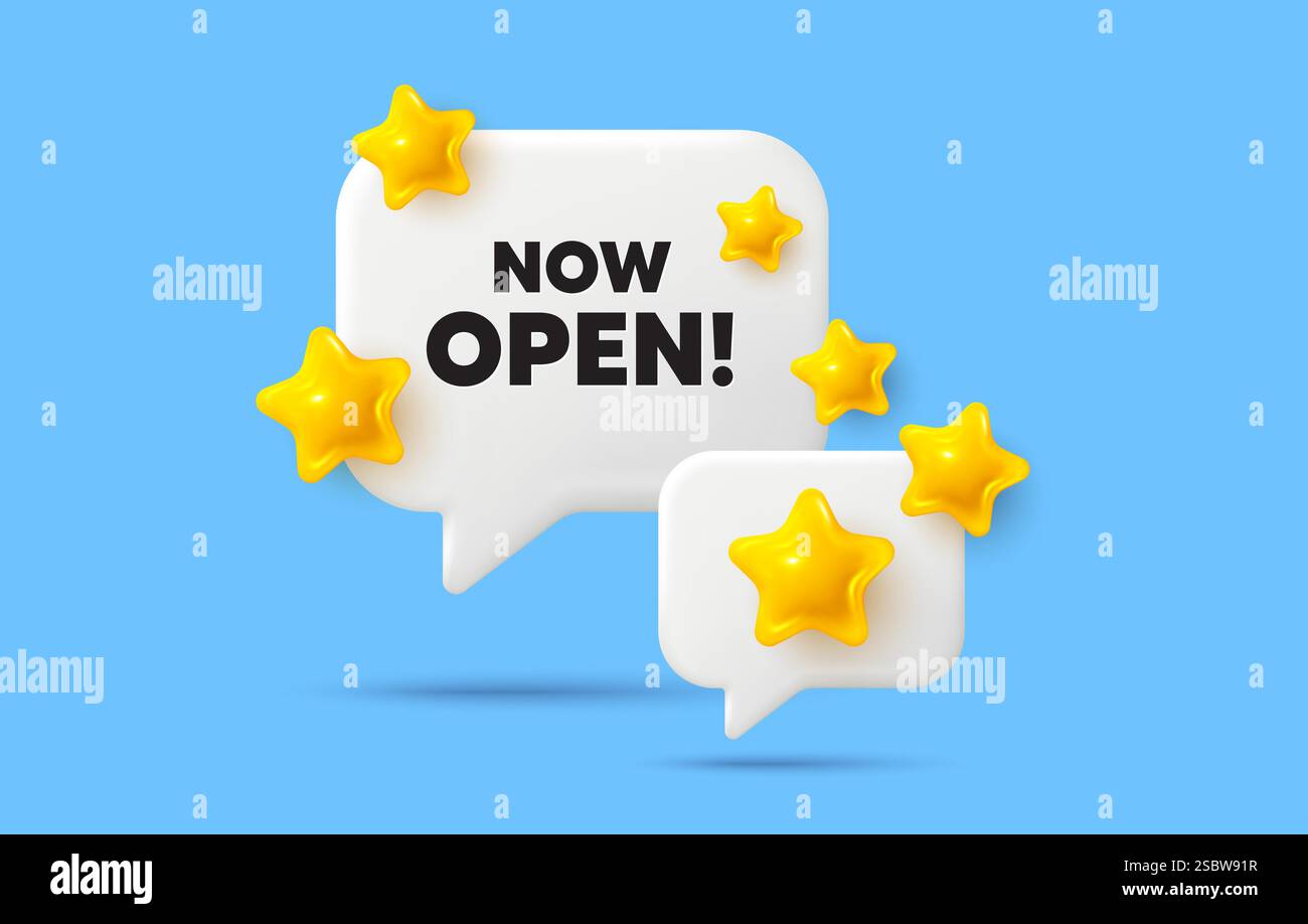 Now open tag. Promotion new business sign. Chat speech bubble. Vector ...