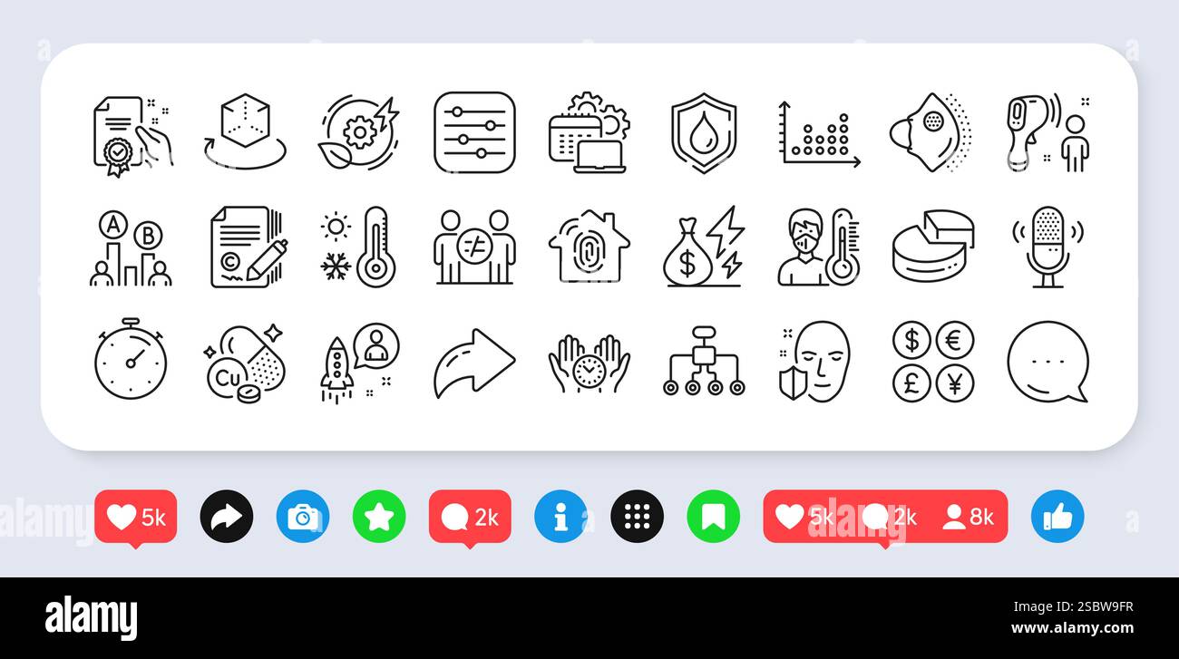 Filter, Face protection and Electronic thermometer line icons pack. For ...