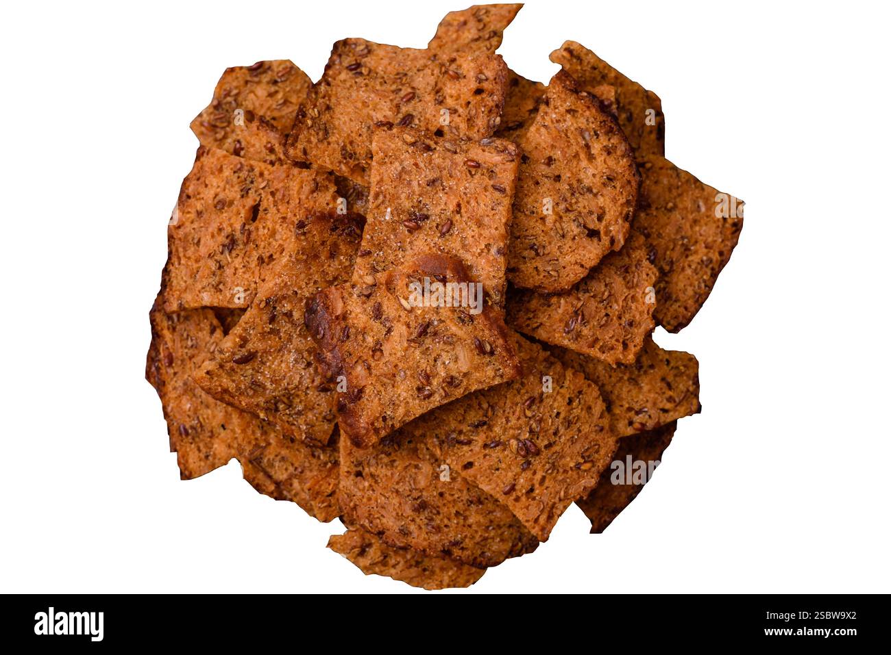 Crispy homemade brown bread chips with seeds and grains, salt, spices ...