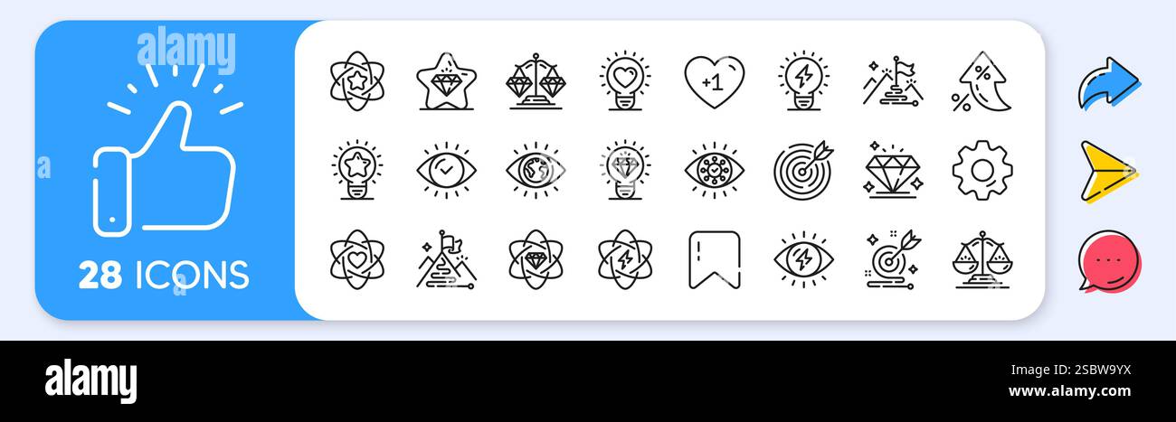 Mission, Vision, Values line icons. Business strategy, target goal and ...