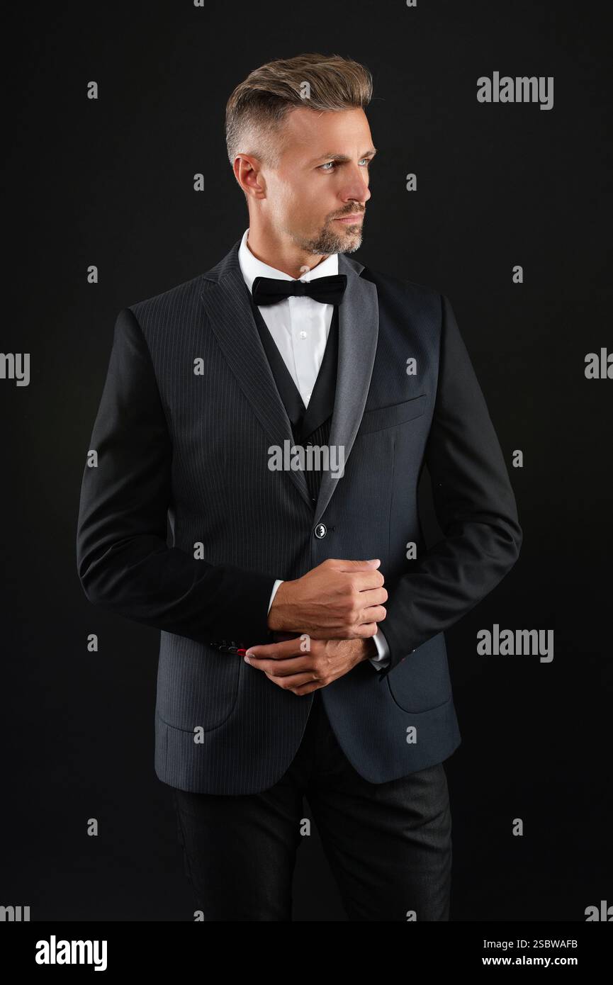 Elegant tuxedo bowtie. Rich businessman on formal event. Man in rich ...