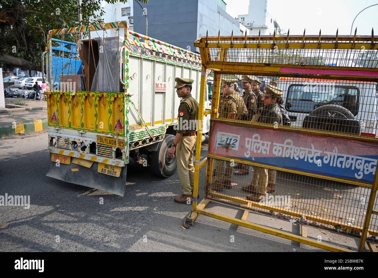 NOIDA, INDIA - FEBRUARY 4: Noida Police officers checking vehicles at ...