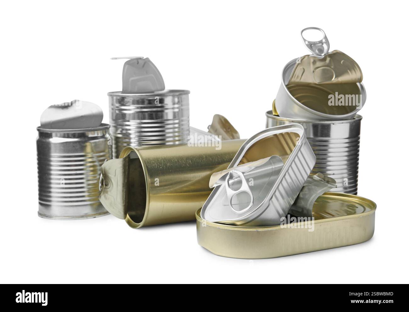 Many open tin cans isolated on white Stock Photo - Alamy