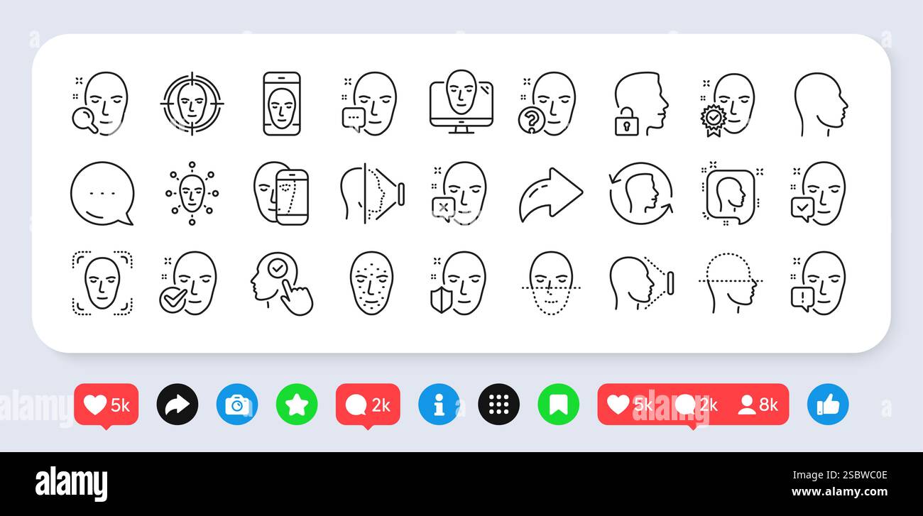 Face recognition line icons. Set of Faces biometrics detection and scanning. Social media icons ...