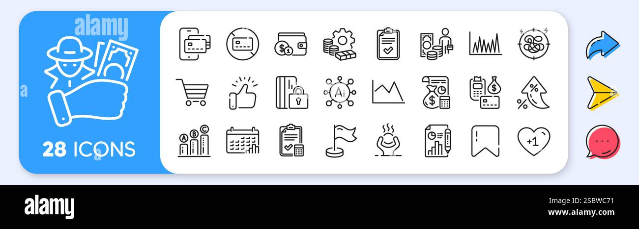 Accounting checklist, Report document and Phone pay line icons. For web app, printing. App line ...