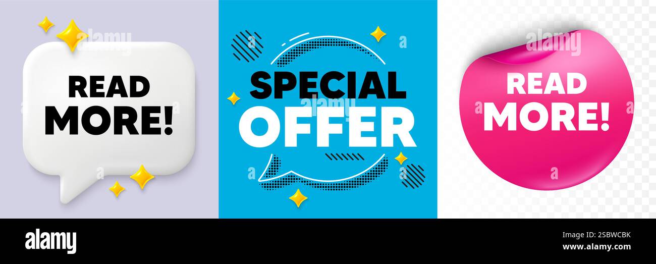 Read More symbol. Navigation sign. Speech bubbles and sticker. Vector ...