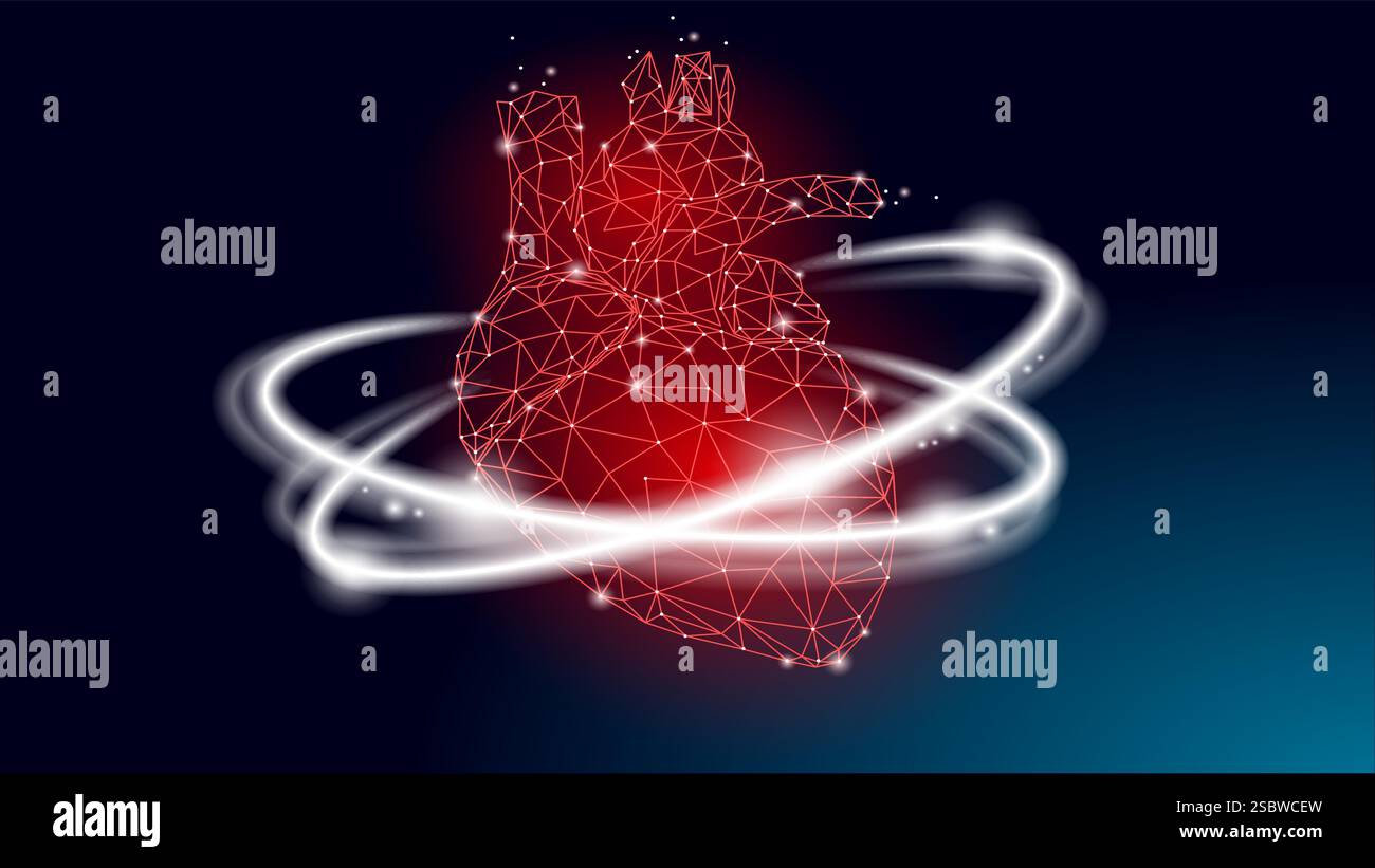 Abstract red heart low poly. Bright glowing lines surround it. Medical ...