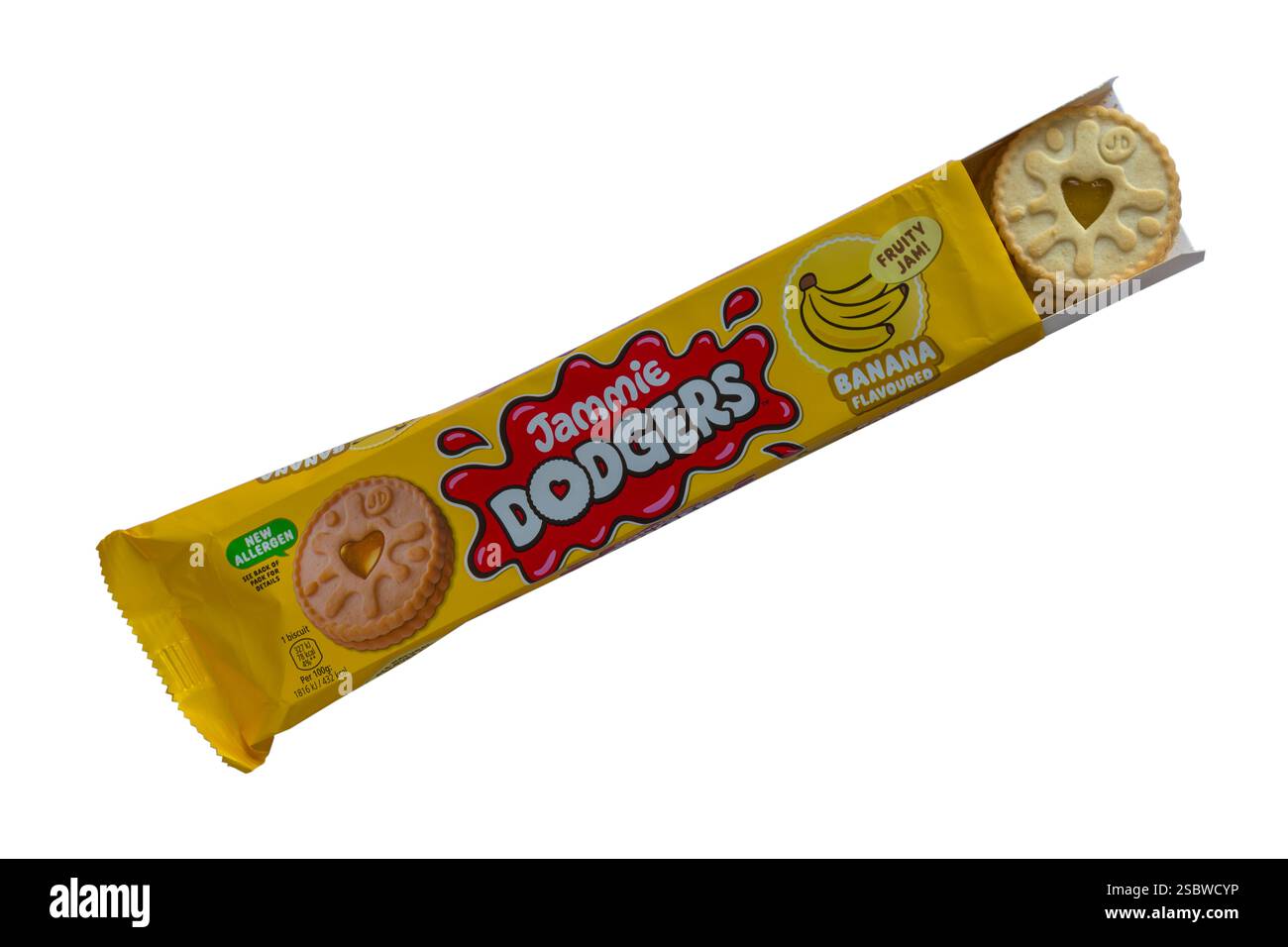 Packet of Banana flavoured Jammie Dodgers biscuits opened to show ...