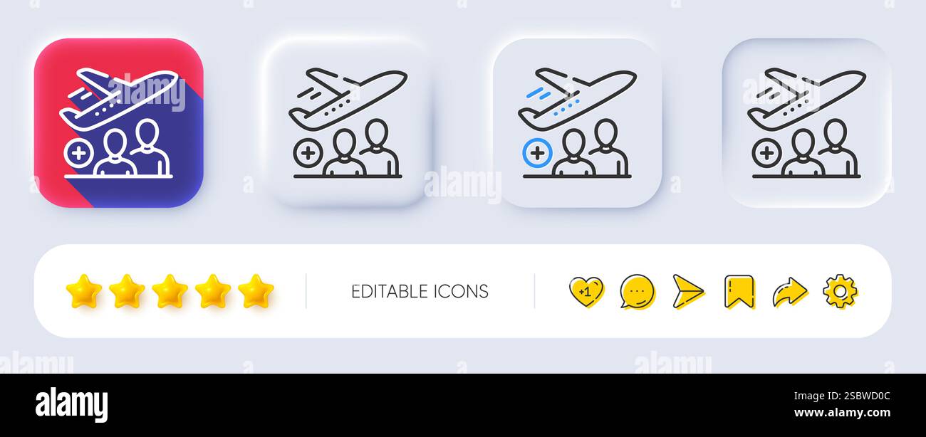 Passengers line icon. Plane travel flight sign. Neumorphic buttons ...