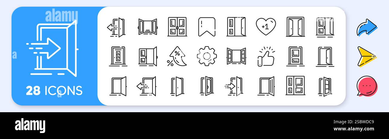 Entrance line icons. Open door, Building entry and Emergency exit outline icons. App line icons ...