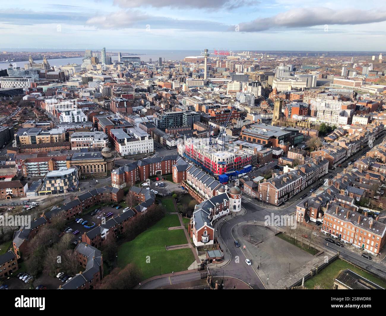 Aerial views of Liverpool, England , UK, from the Anglican Cathedral ...
