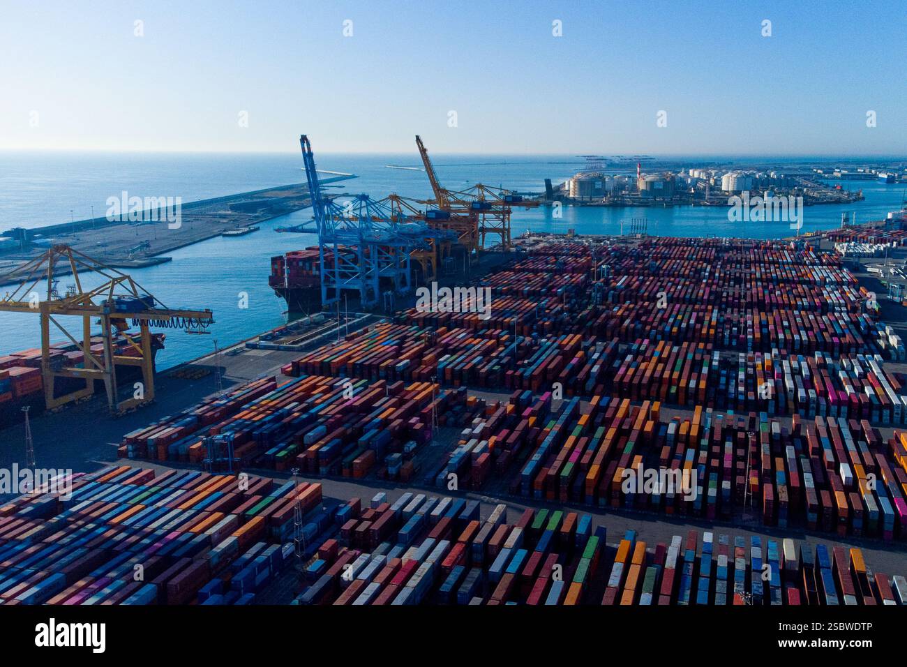 (EDITOR'S NOTE: Image taken by a drone) Shipping containers and cargo ...