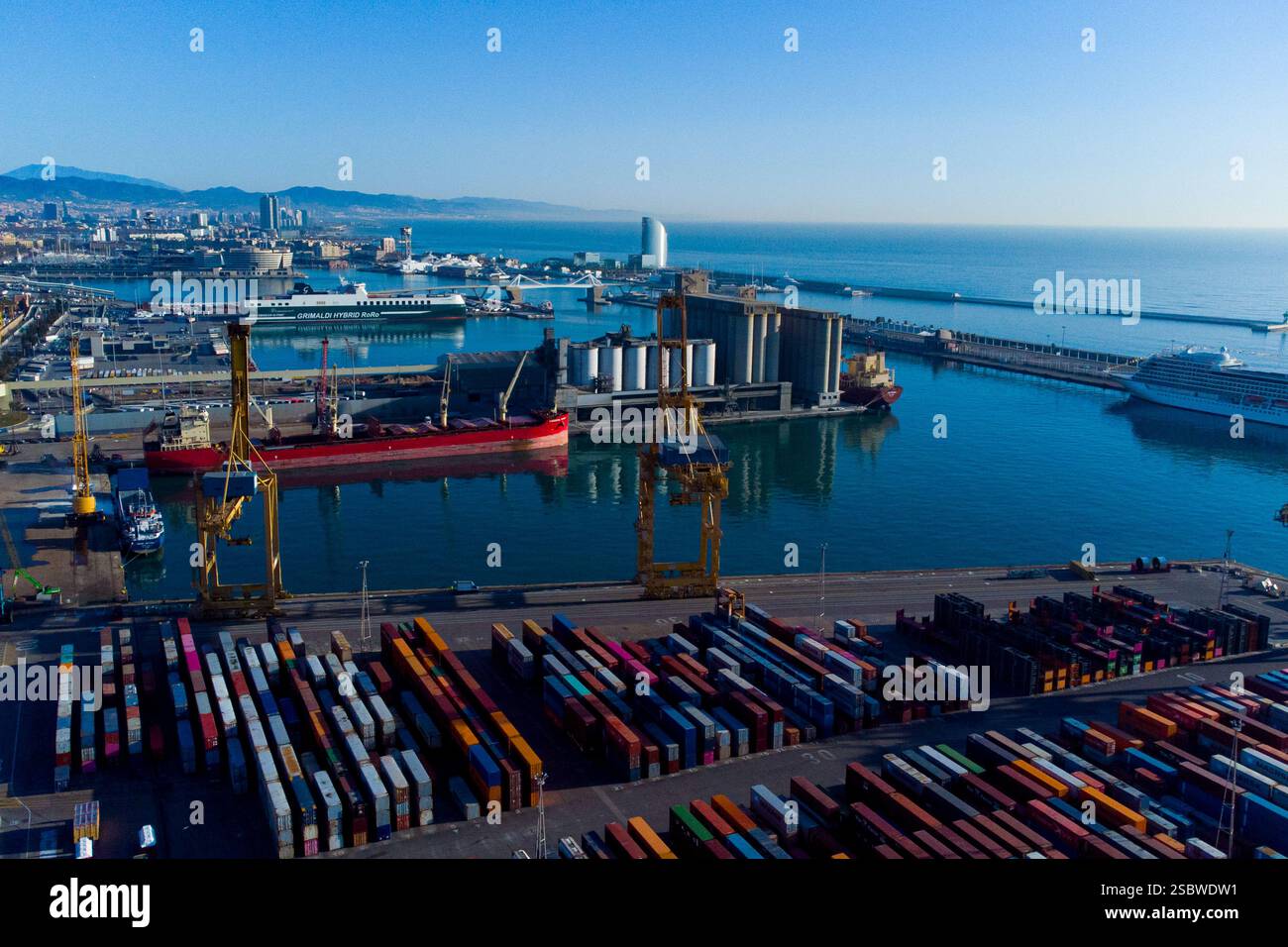 (EDITOR'S NOTE: Image taken by a drone) Shipping containers and cargo ...