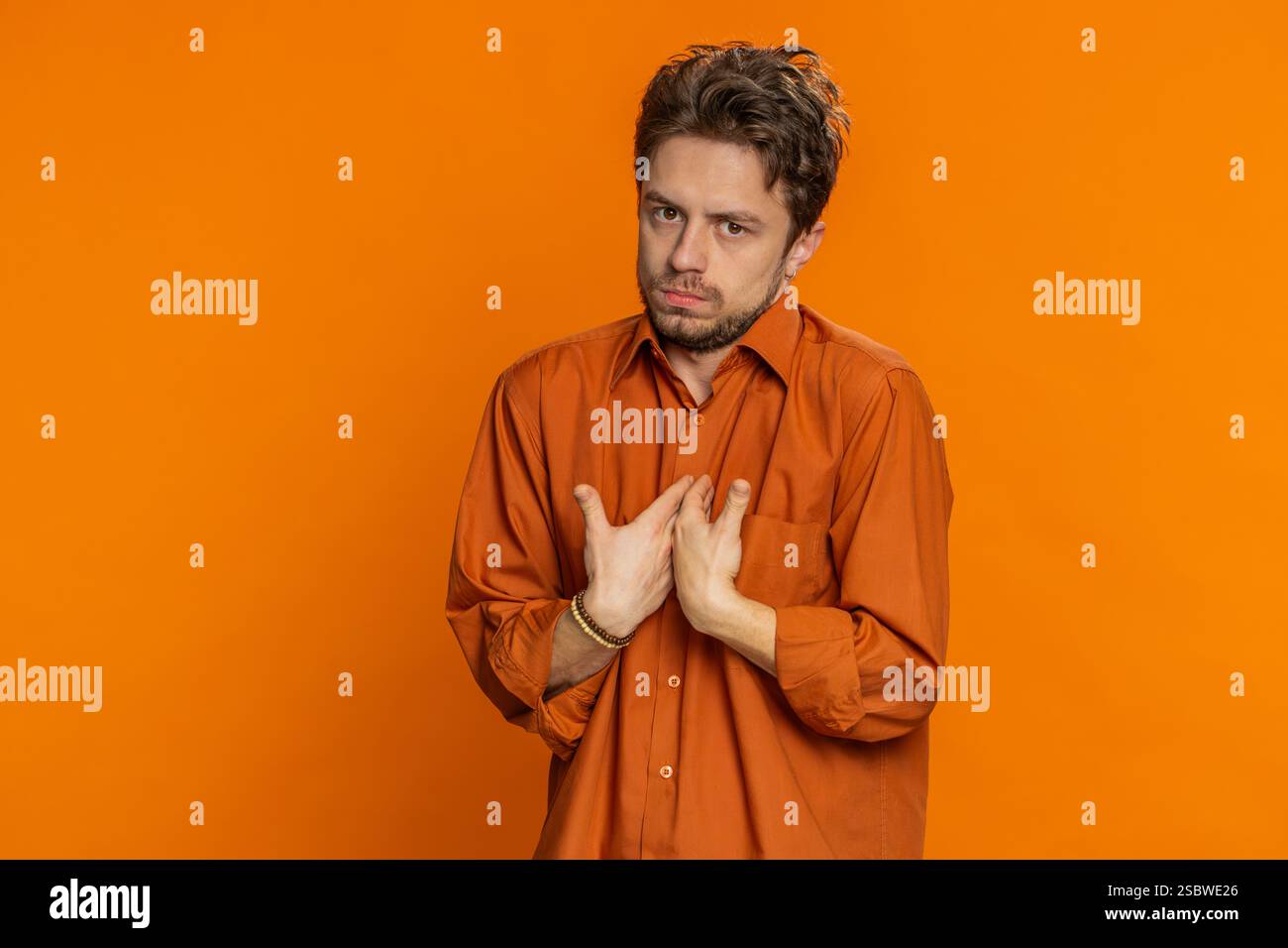 I am not guilty. Confused Caucasian man pointing fingers himself ask ...