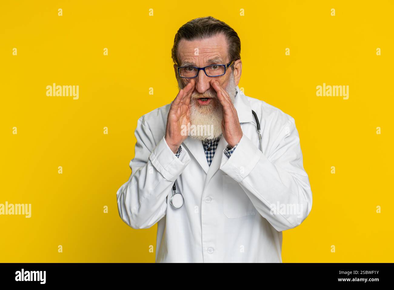 Keep my secrets, silence. Elderly doctor cardiologist man whisper news ...
