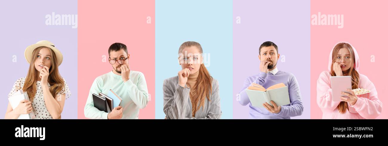 Set of different people biting nails on color background Stock Photo ...