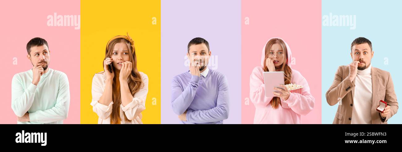 Set of different people biting nails on color background Stock Photo ...