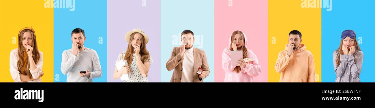 Set of different people biting nails on color background Stock Photo ...