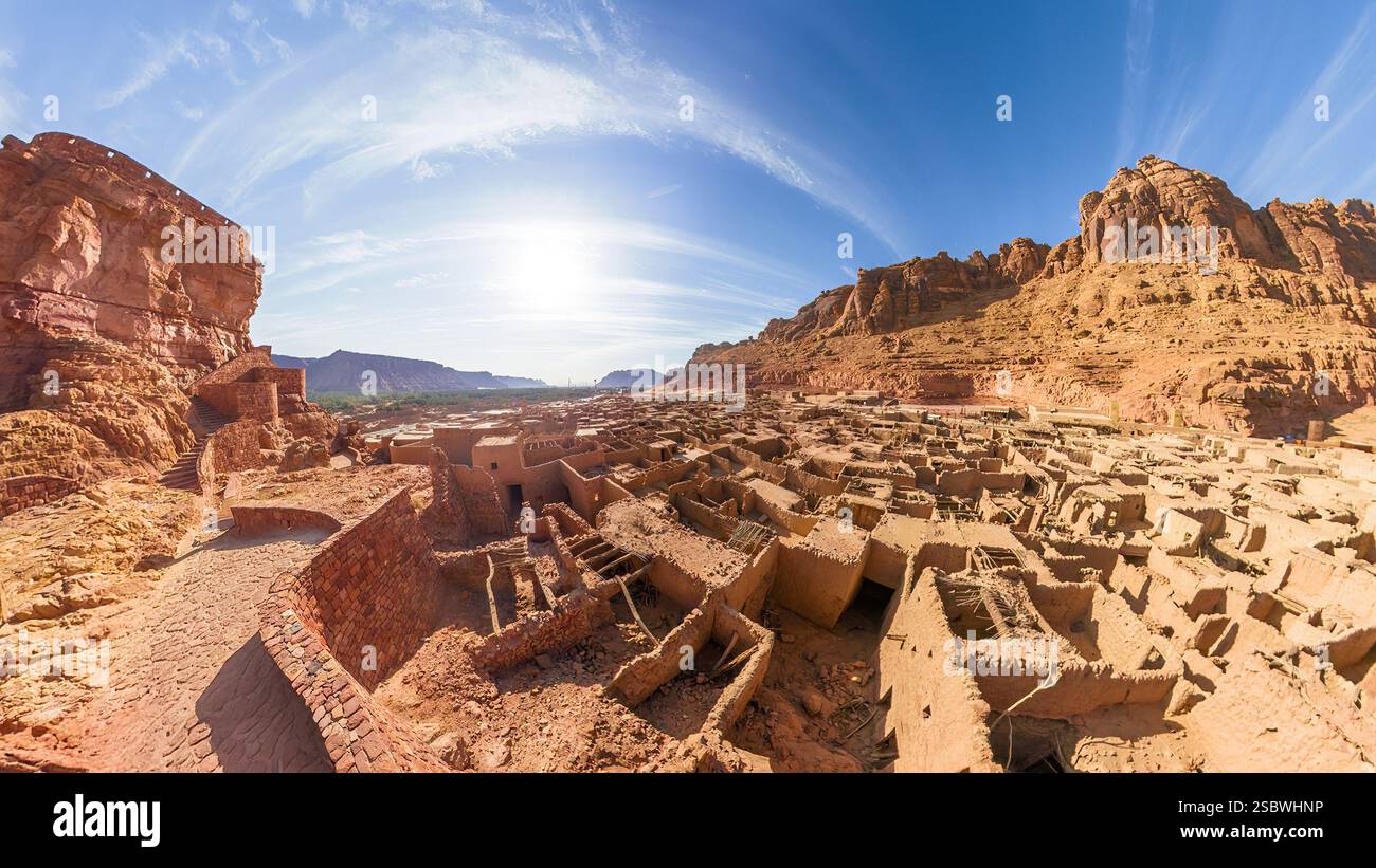 Panoramic aerial view of the ancient mud brick ruins of Alula Old Town ...