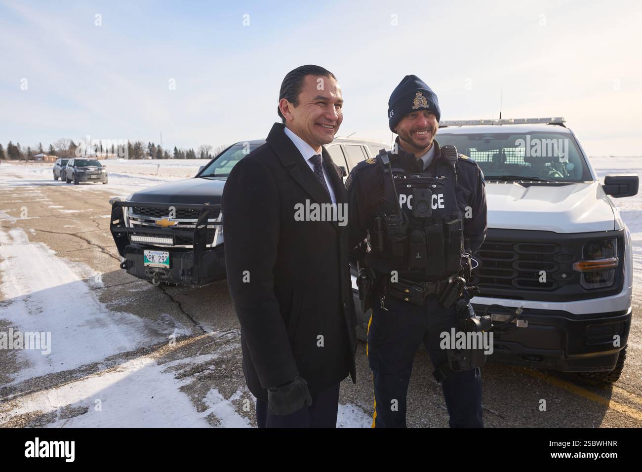 Emerson, Canada. 04th Feb, 2025. Premier of Manitoba Wab Kinew smiles ...