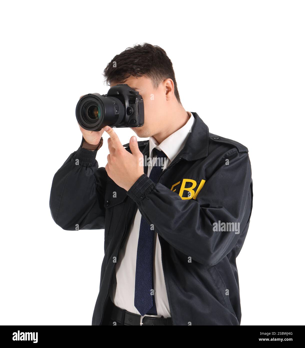 Male FBI agent with photo camera on white background Stock Photo - Alamy