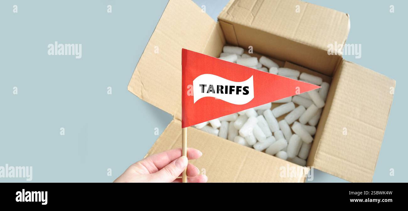 Trade tariffs, import, export, tax system concept. Warning red flag ...