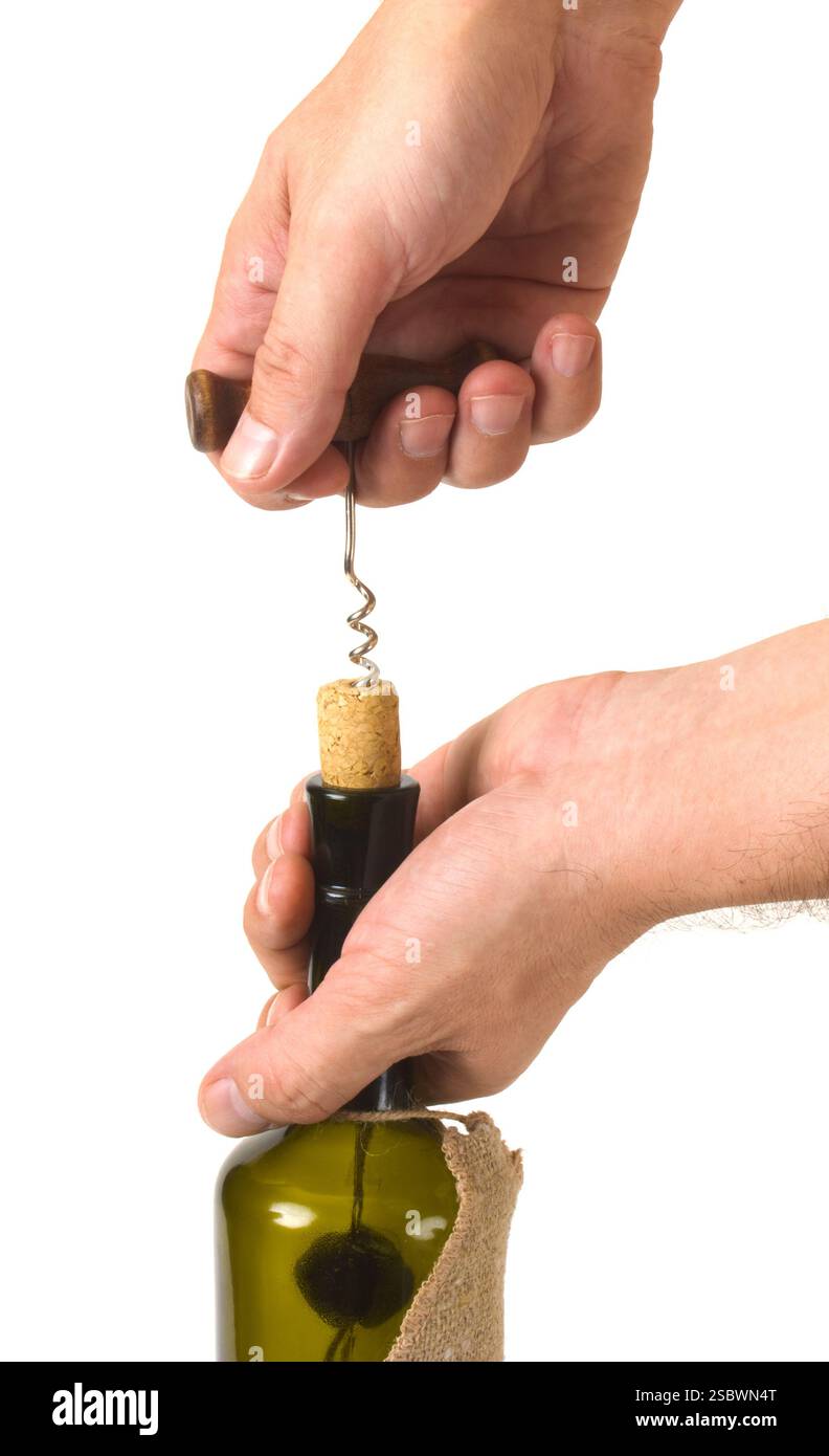 pulling corkscrew cork from the bottle isolated on white background ...