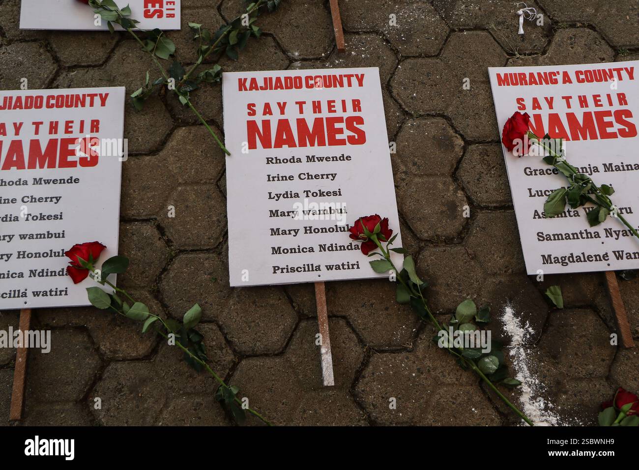 Nakuru, Kenya. 1st Feb, 2025. Placards bearing the names of victims of ...