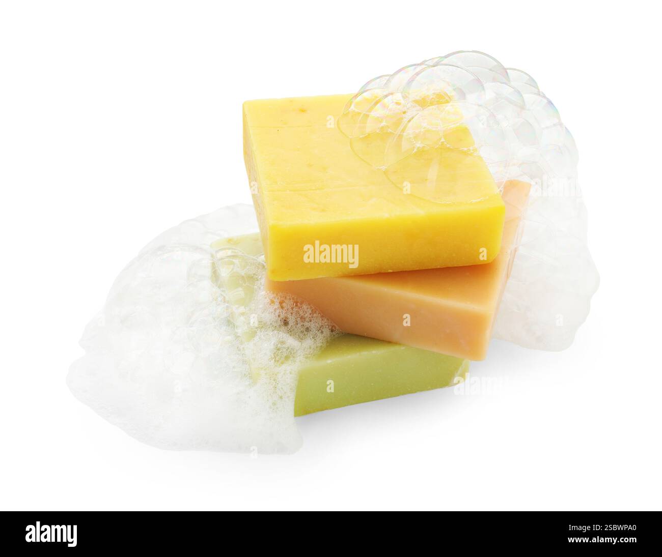 Stack of soap bars with foam on white background Stock Photo - Alamy
