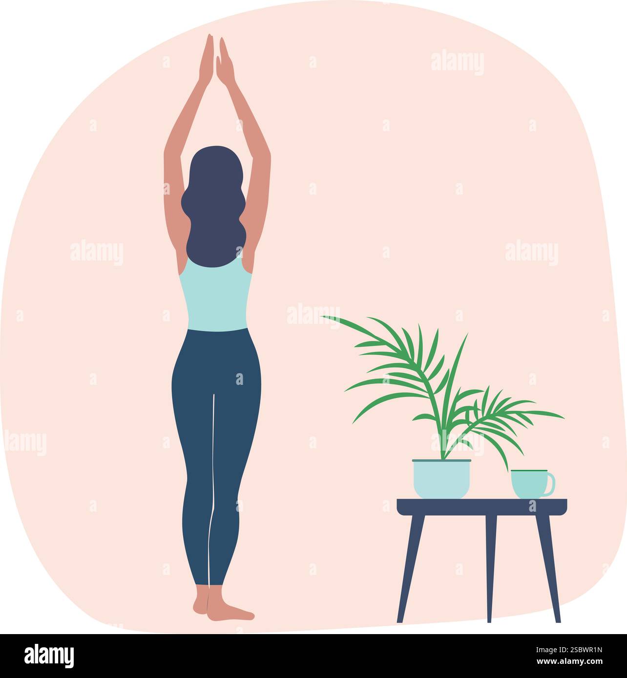 Woman Practicing Yoga Near Potted Plant and Tea Stock Vector Image ...
