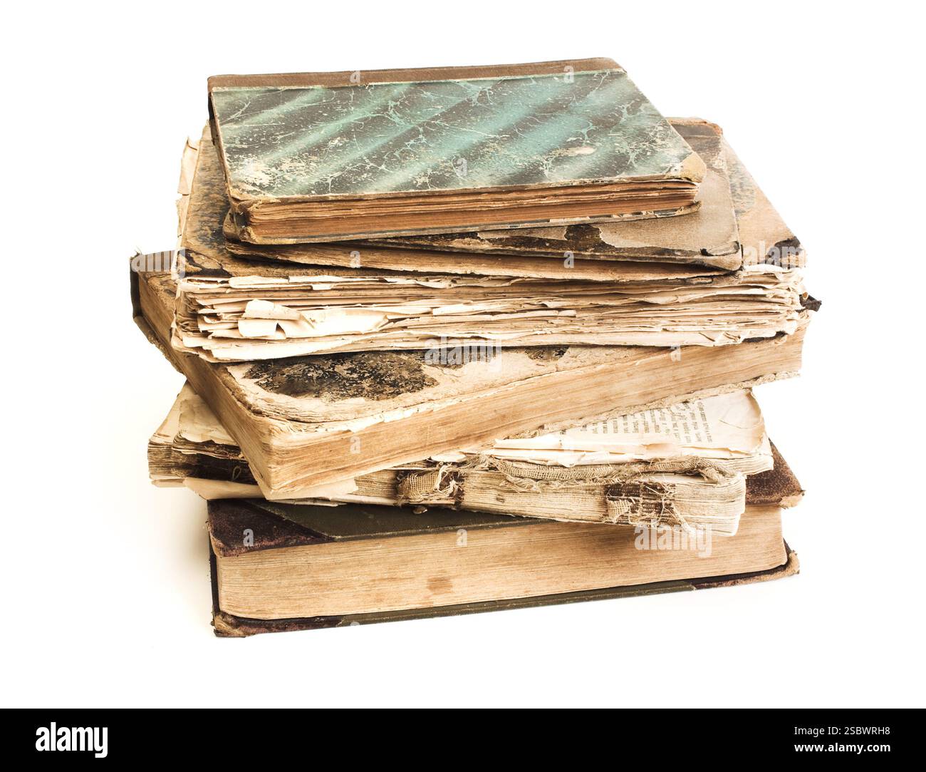 An old book with a crumpled sheet and hardcover isolated on white ...