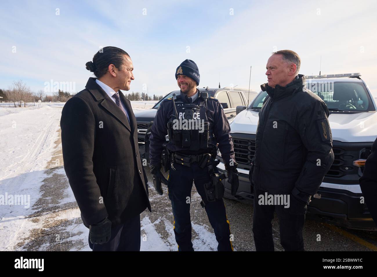 Emerson, Canada. 04th Feb, 2025. Premier of Manitoba Wab Kinew, left to ...