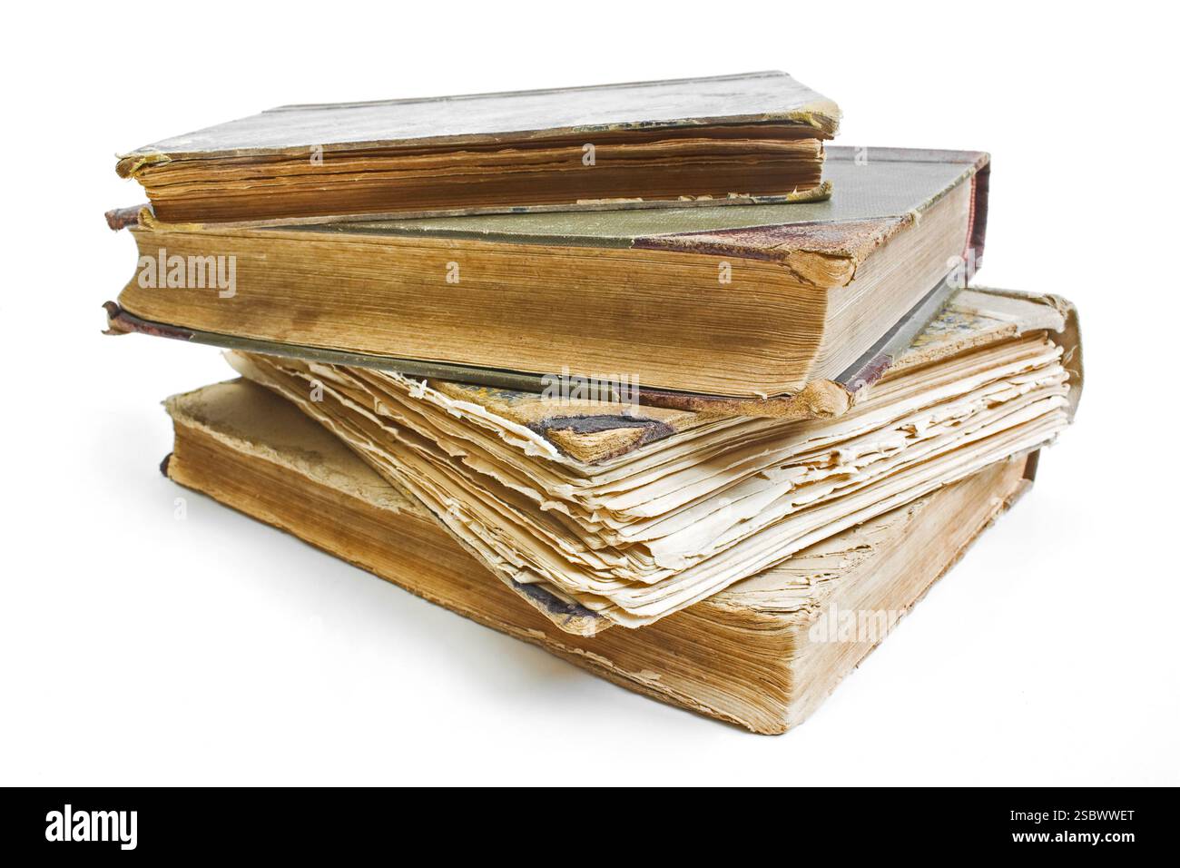 An old book with a crumpled sheet and hardcover isolated on white ...