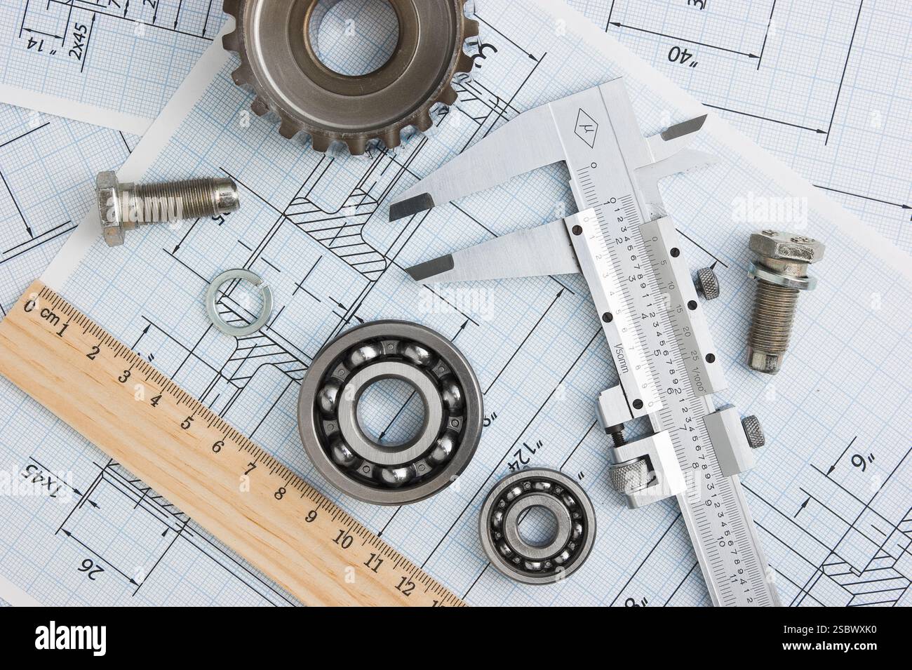 tools and mechanisms detail on the background of technical drawings ...