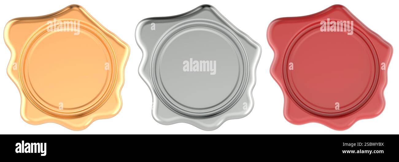 Stamp Wax Seals. Red, golden and silver color, front view. 3D rendering ...