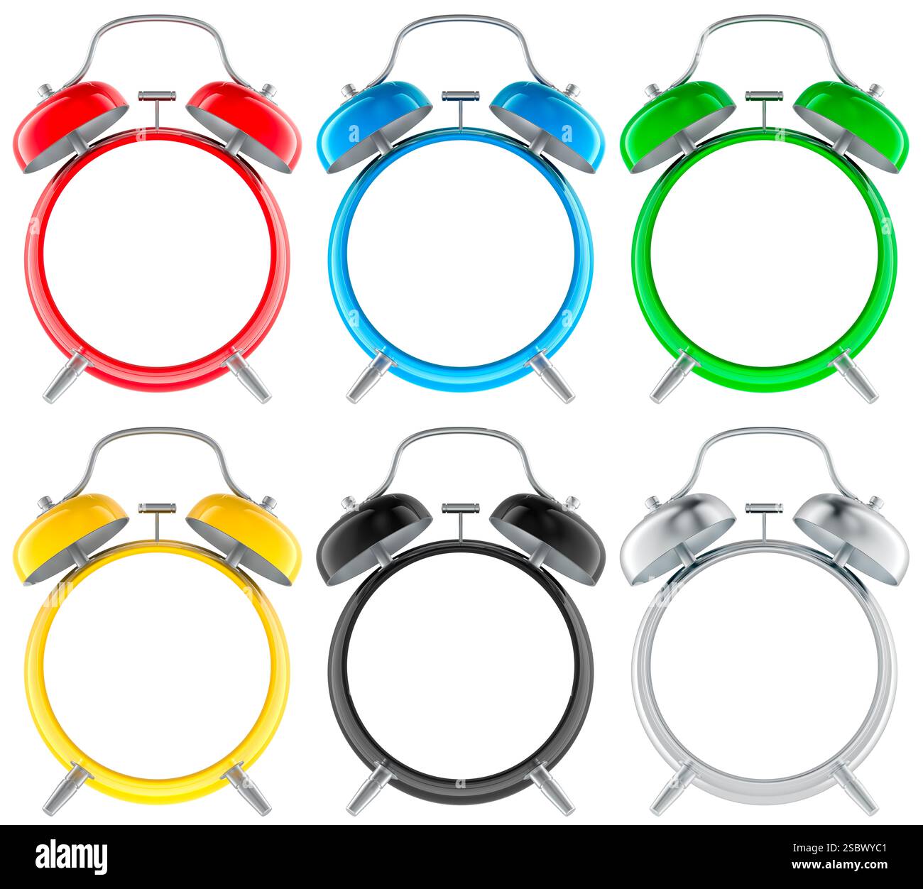 Alarm clocks with blank dials, mockup template. 3D rendering isolated ...