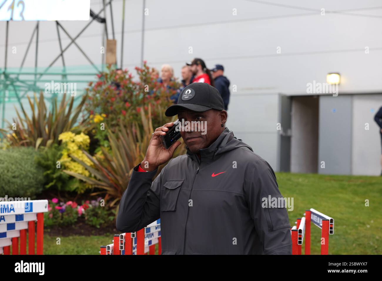 Carl Lewis watching the UK Athletics Championship in Manchester Stock ...